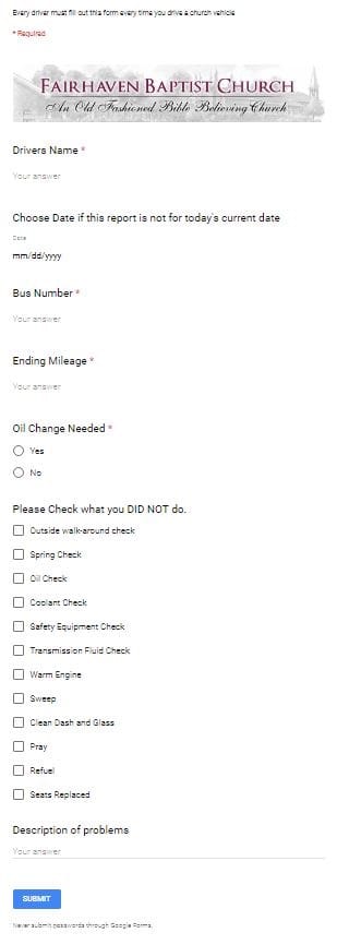 Bus Driver Report - Church Bus Basics